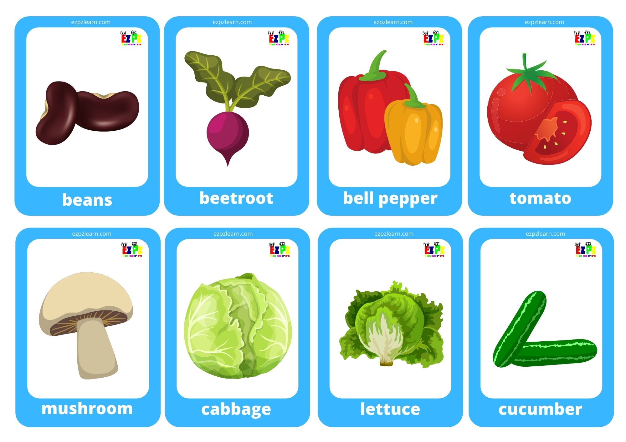 Vegetables Game Cards / Mini Flashcards - Ezpzlearn.com Vegetables Game Cards / Mini Flashcards - Ezpzlearn.com